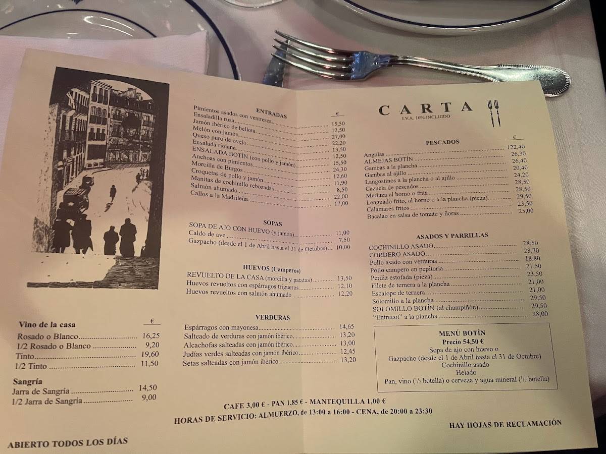 Menu at Sobrino de Botín steakhouse, Madrid, C. de Cuchilleros