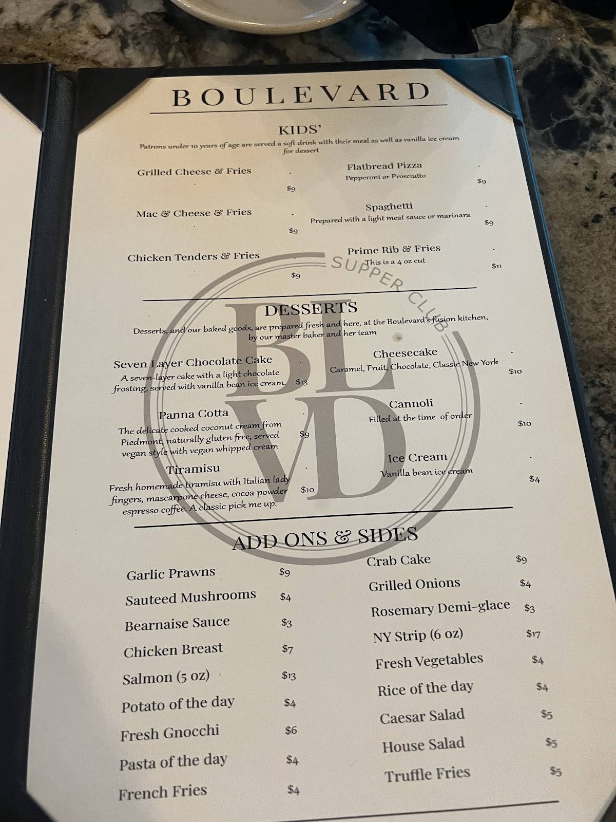 Menu at Boulevard Supper Club, Lithia