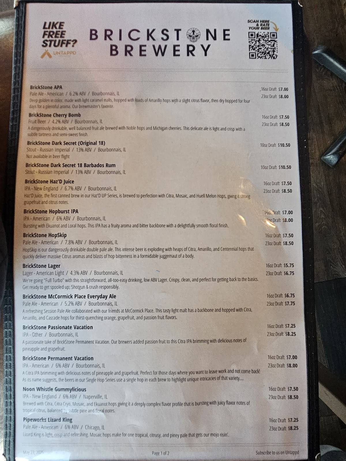 Menu at Brickstone Brewery restaurant, Bourbonnais, 557 William R ...