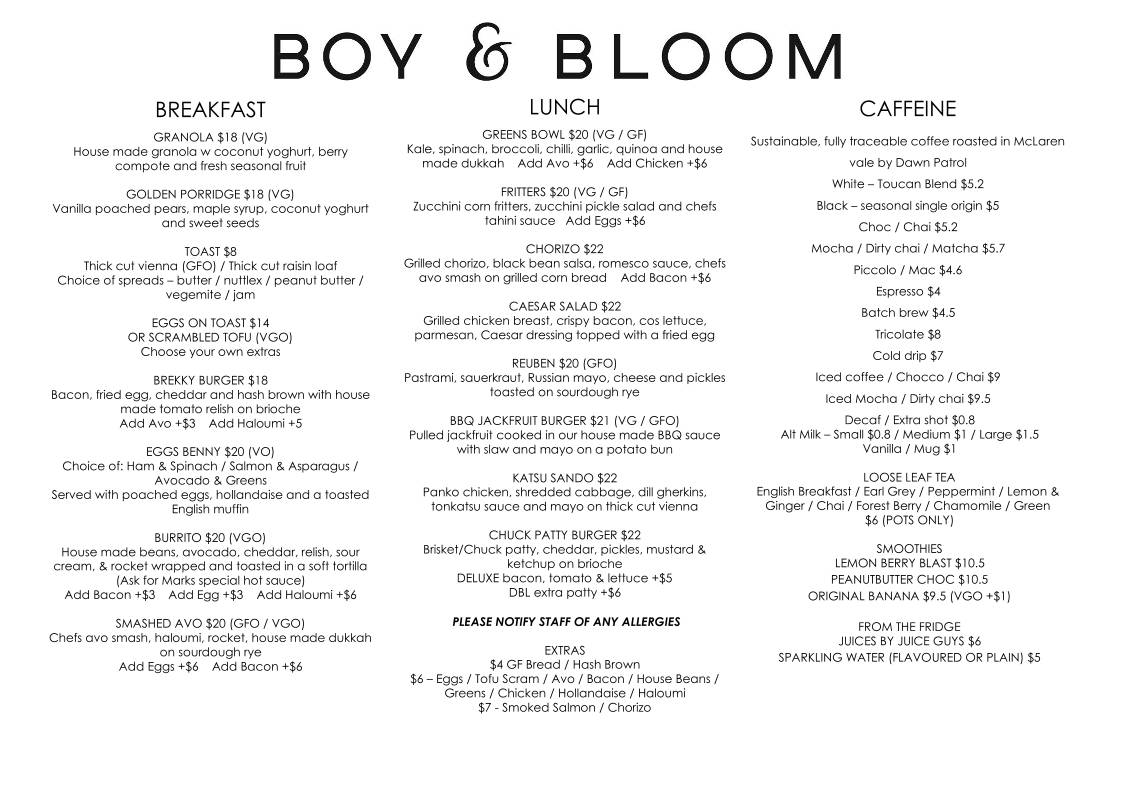 Menu at Boy & Bloom cafe, Adelaide
