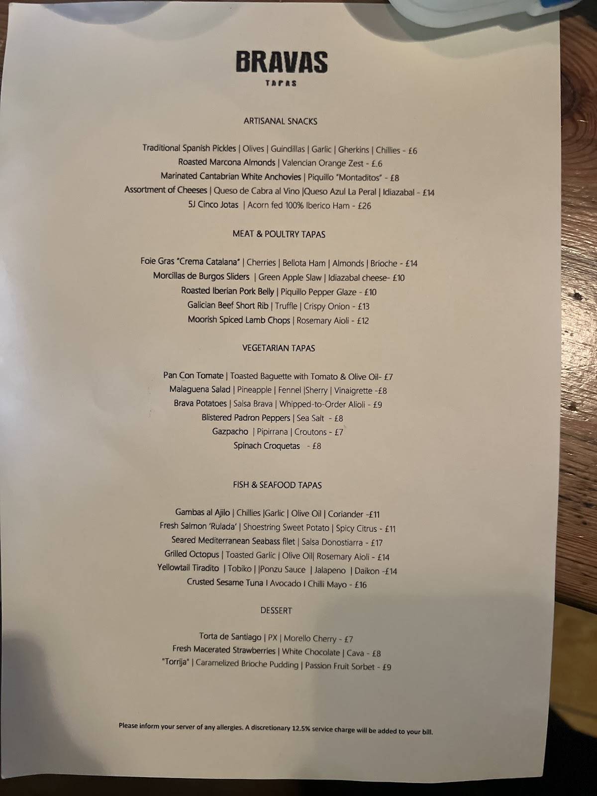 Menu at Bravas Tapas restaurant, London