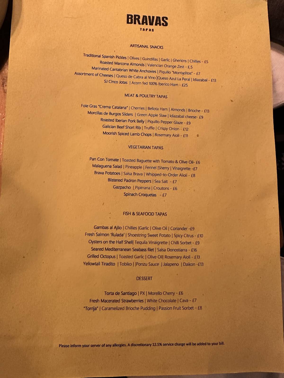 Menu at Bravas Tapas restaurant, London