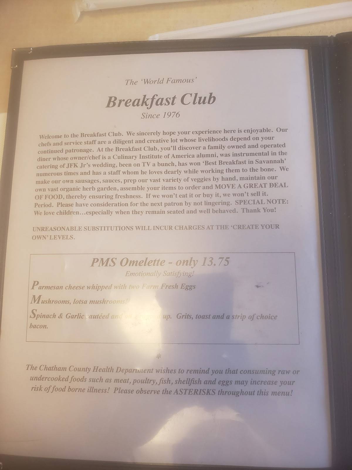 Menu at Breakfast Club, Tybee Island