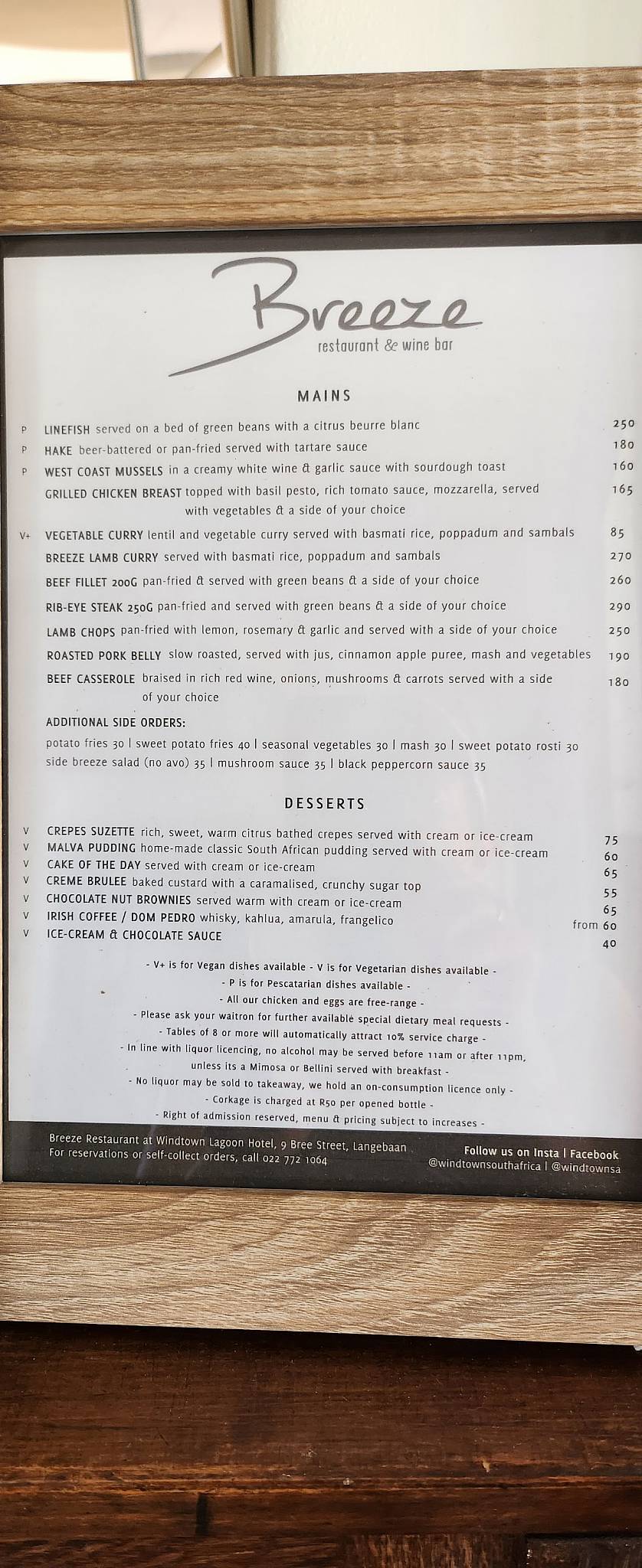 Menu at Breeze Restaurant, Langebaan