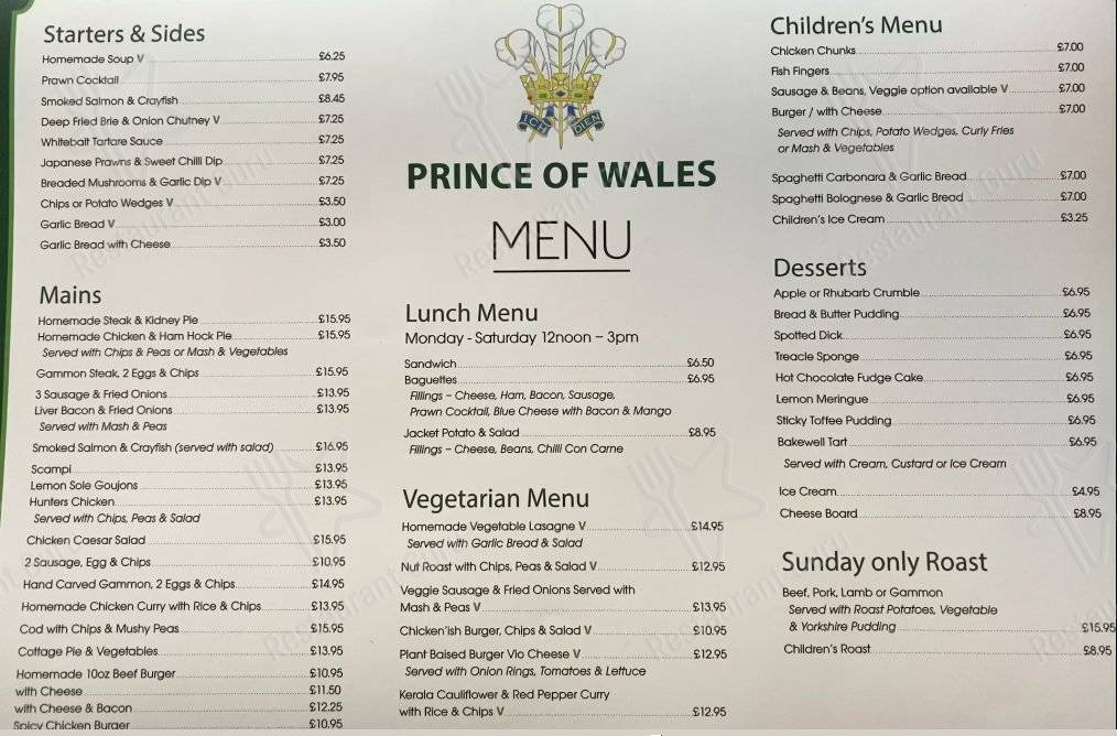 Menu at The Prince of Wales pub & bar, Brentwood, 199 Roman Rd