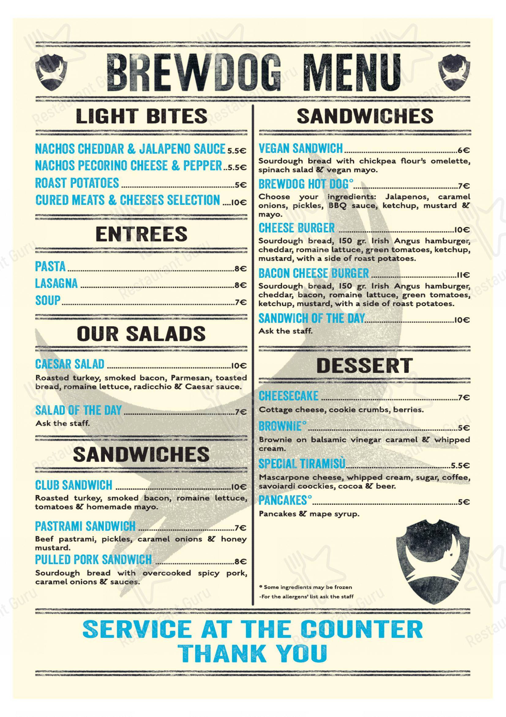 Carta del pub y bar BrewDog Roma, Roma