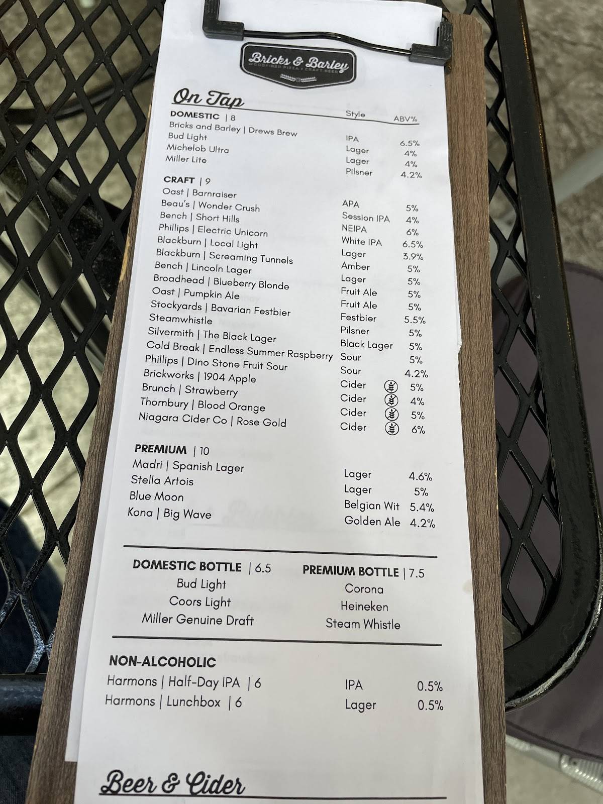 Menu at Bricks & Barley, Niagara-on-the-Lake