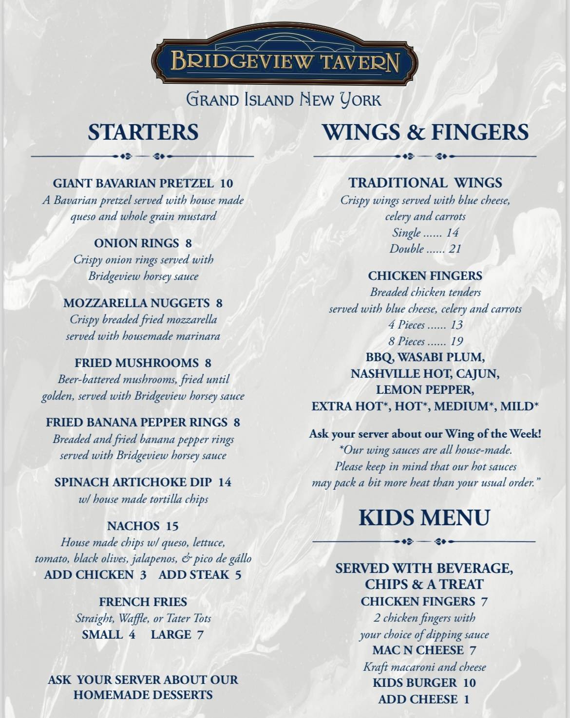 Menu at Bridgeview Tavern restaurant, Grand Island