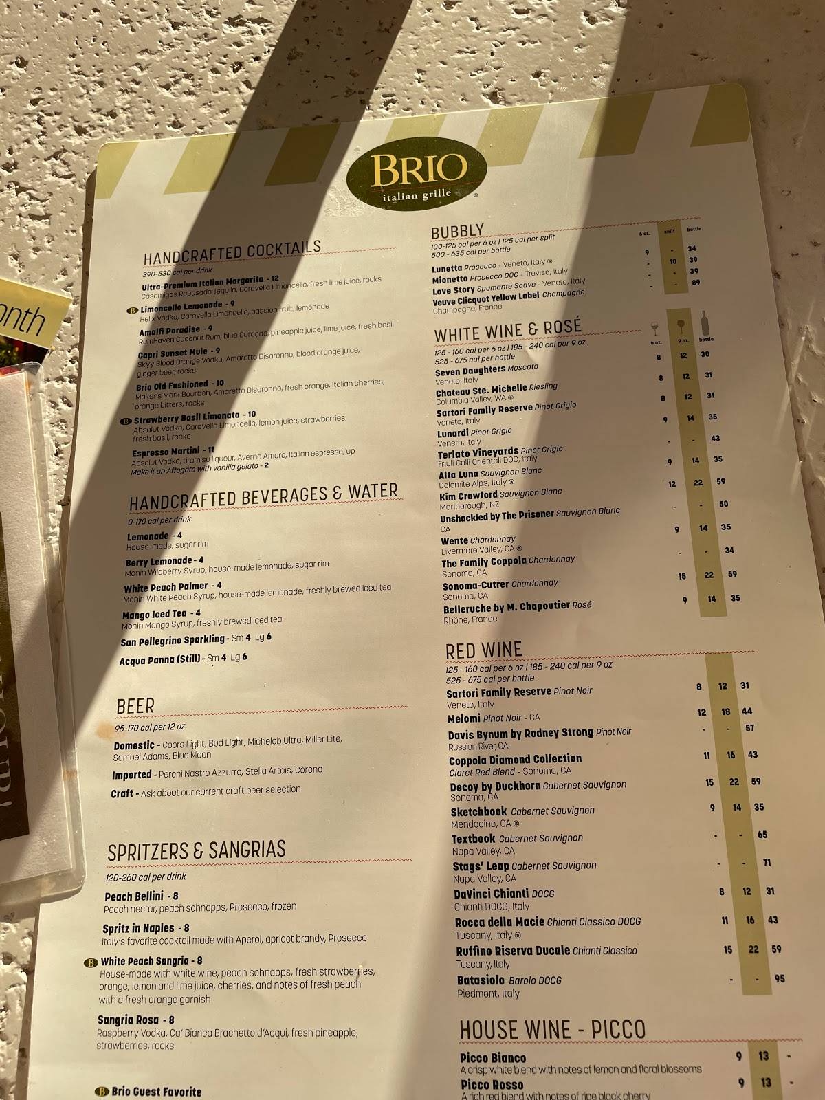 Menu at Brio Italian Grille pub & bar, West Palm Beach