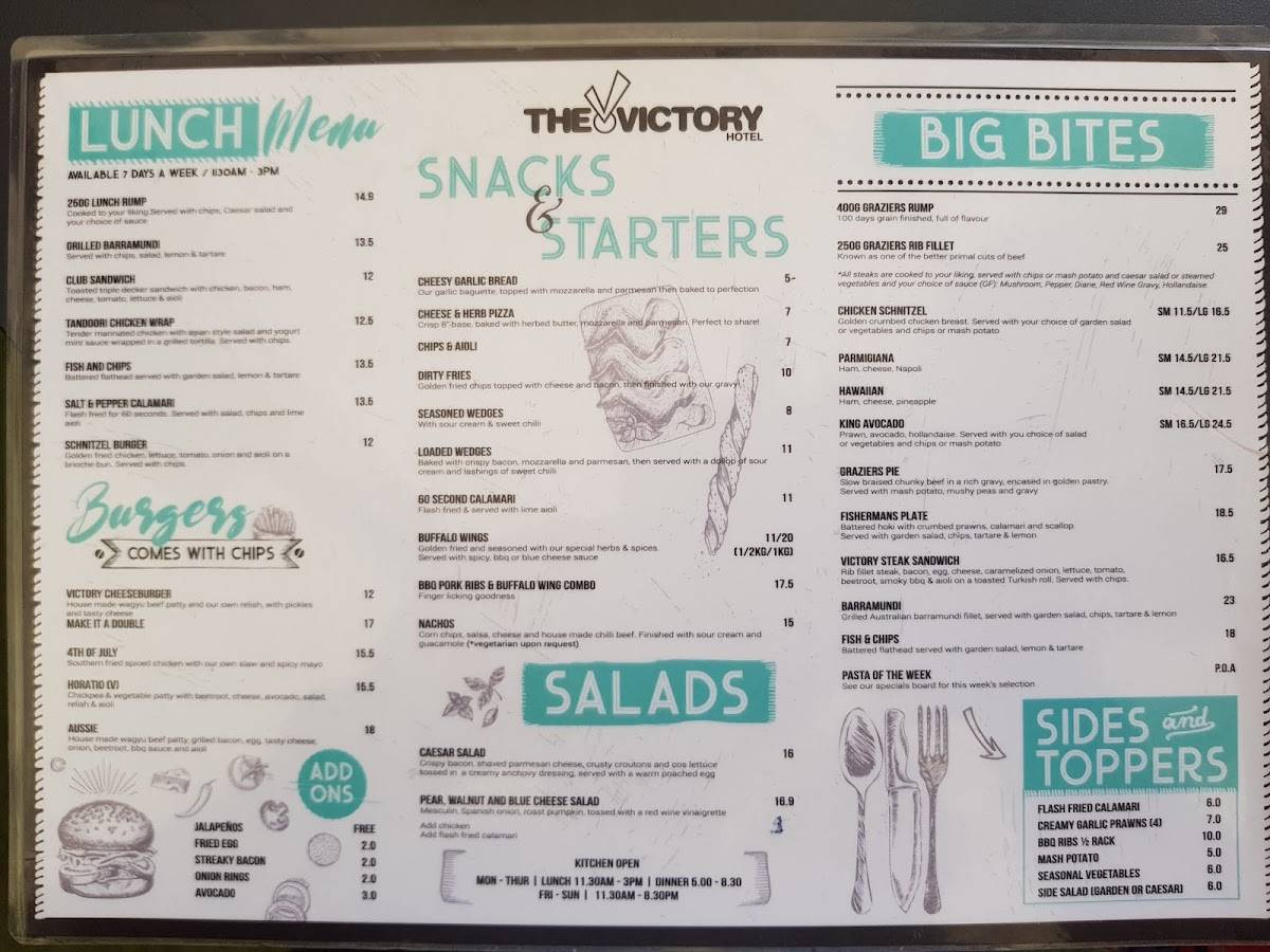 Menu at Victory Hotel pub & bar, Brisbane City