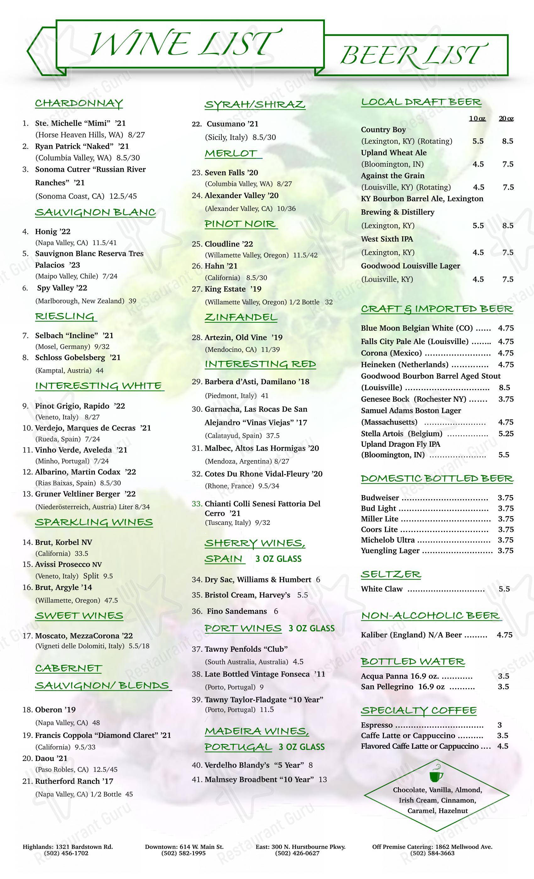 Menu at Bristol Bar & Grille East, Louisville, 300 N Hurstbourne Pkwy