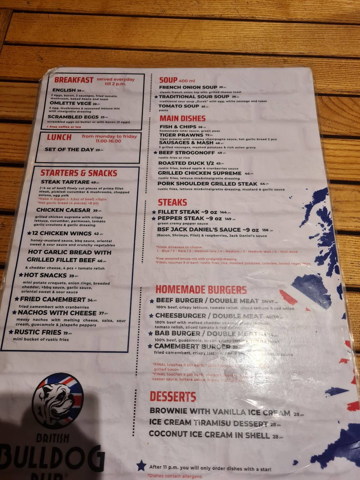 Menu at British Bulldog Pub, Warsaw