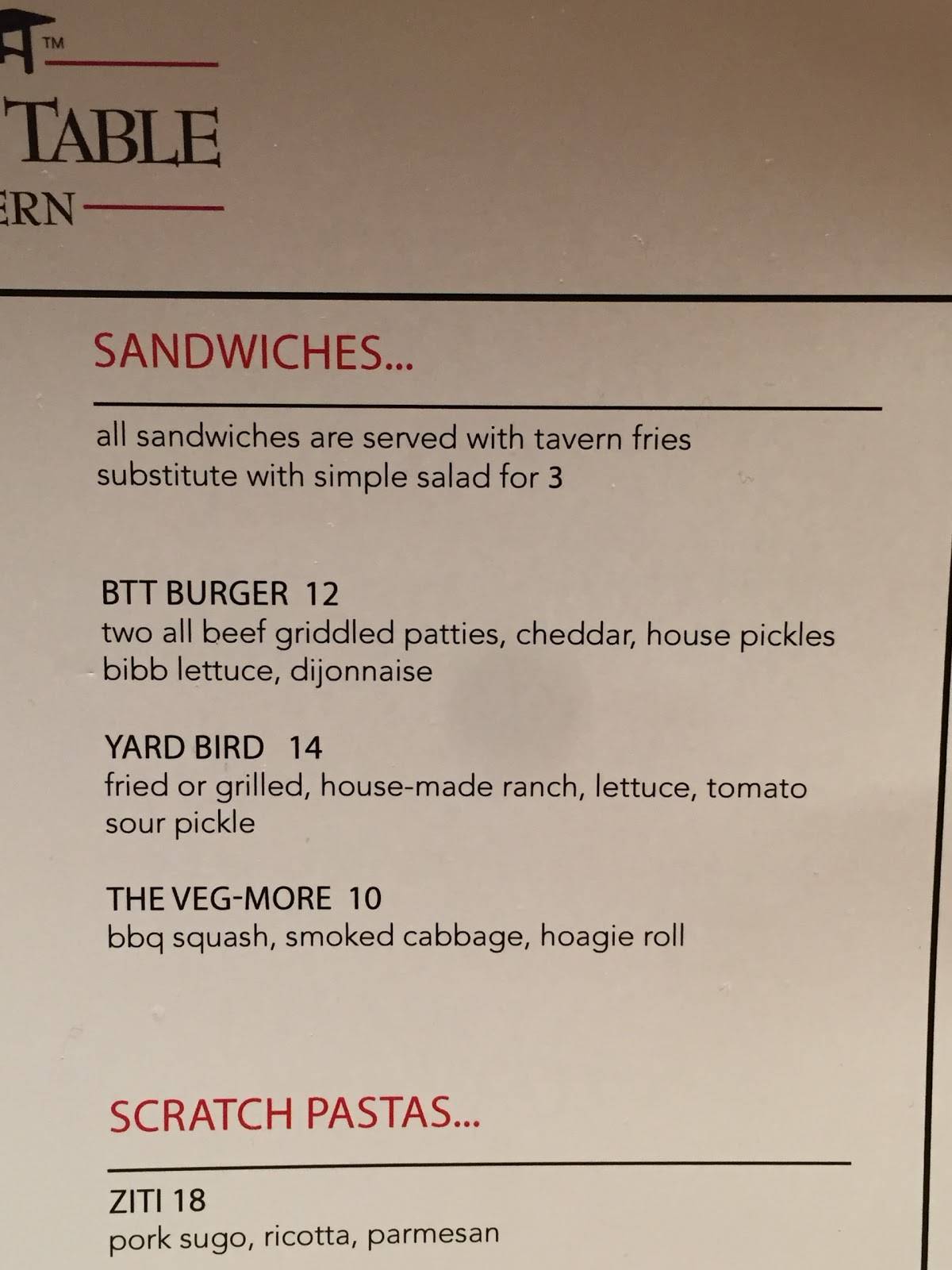 Menu at Broad Table Tavern pub & bar, Swarthmore