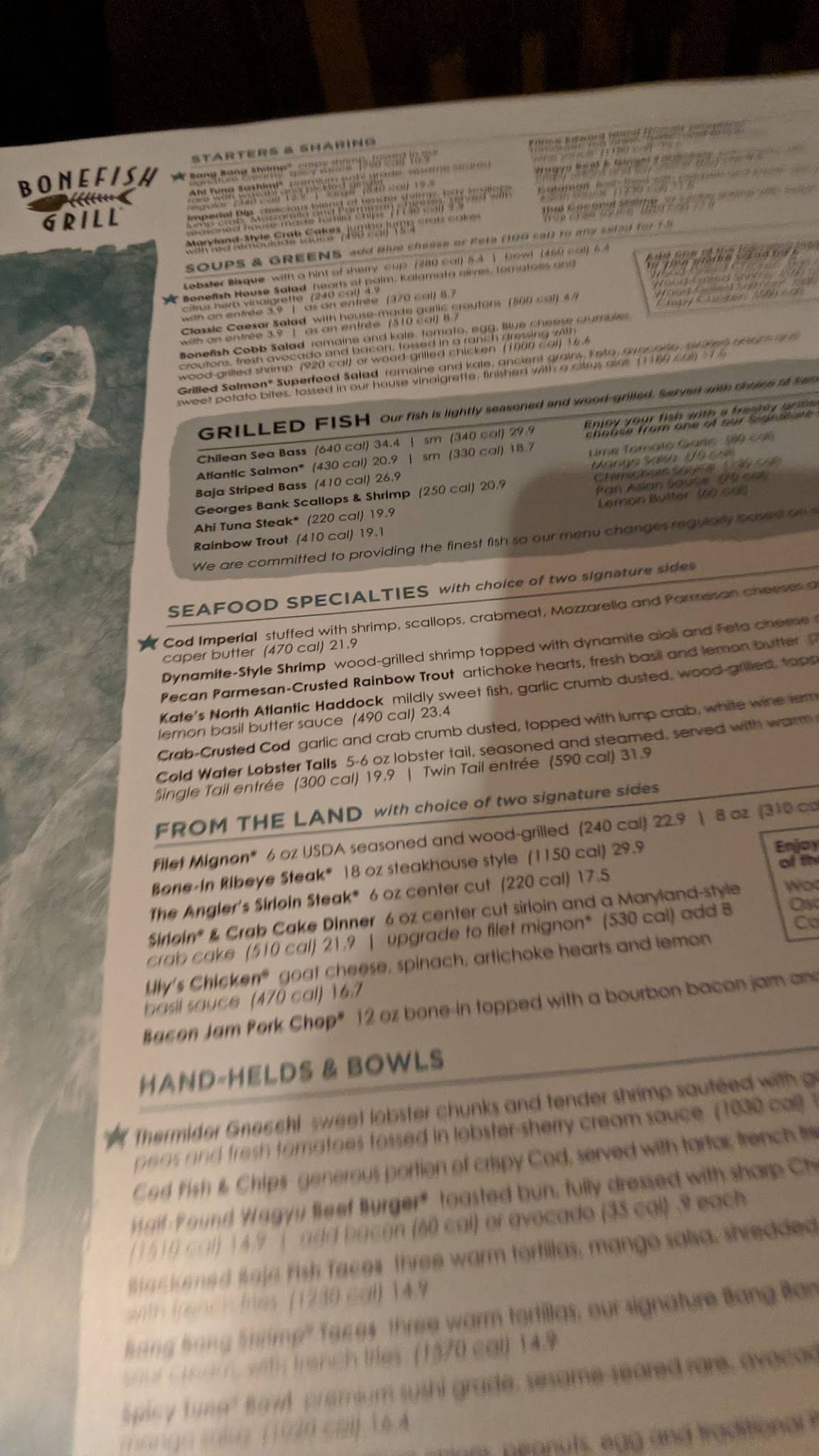 Menu at Bonefish Grill restaurant, Brookfield
