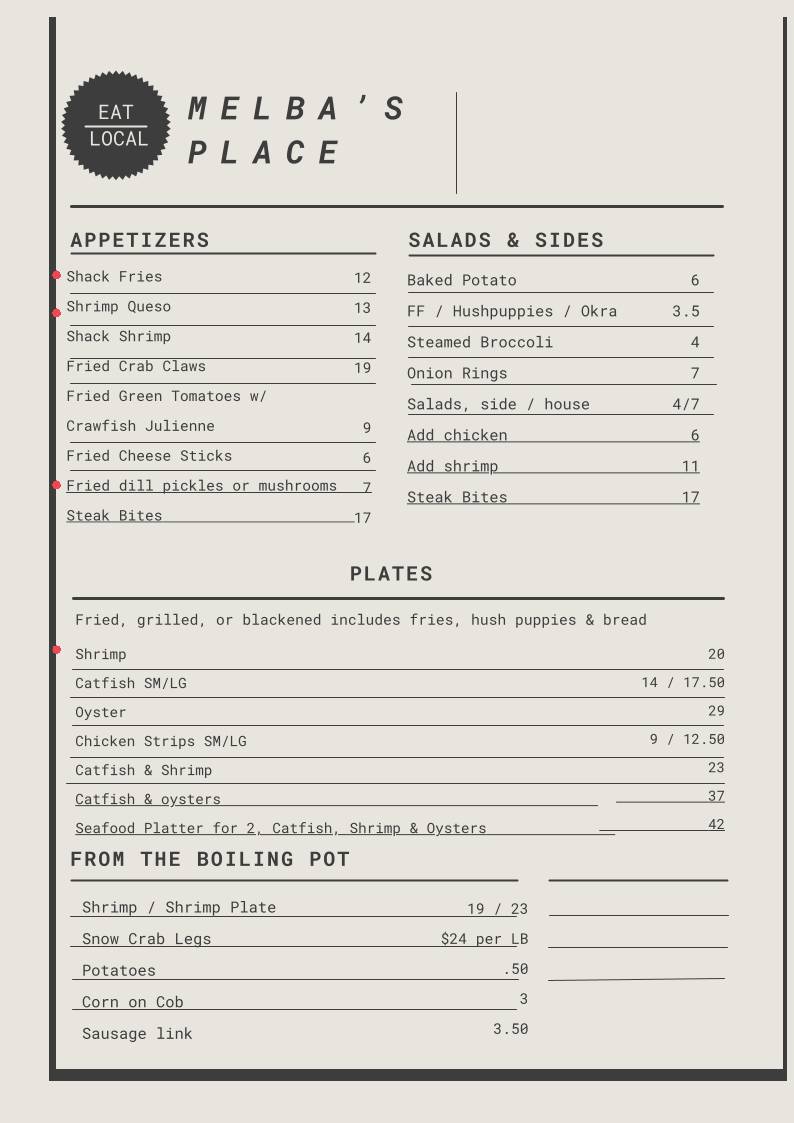 Menu at Melba's Place restaurant, Brookhaven