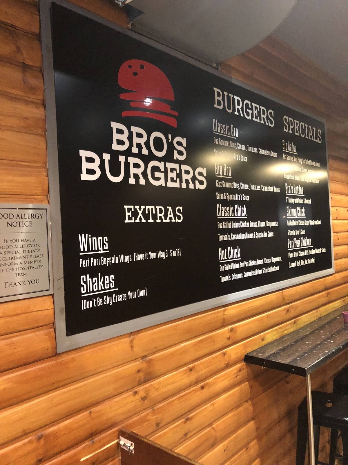 Menu at Bro's Burgers restaurant, London