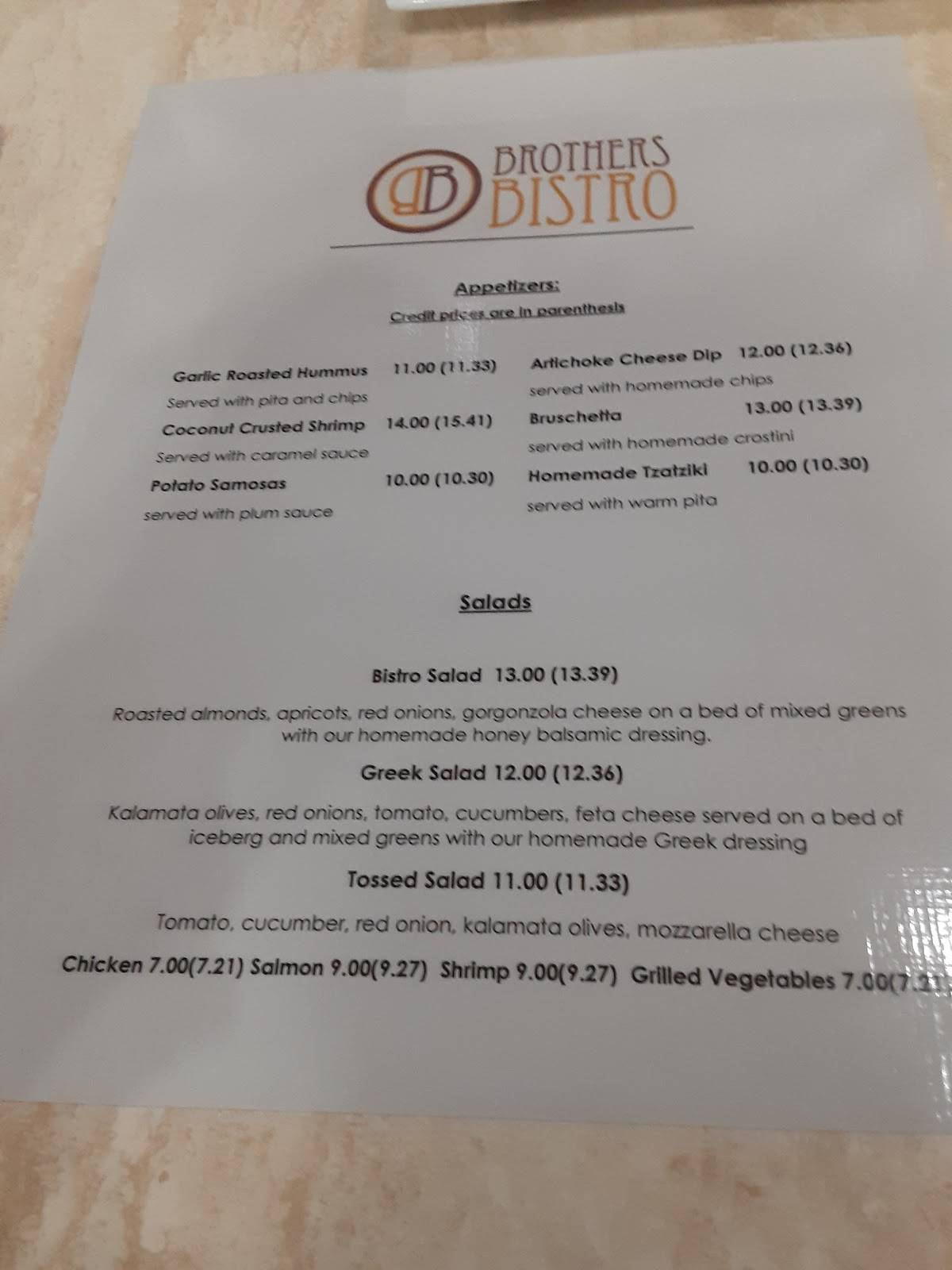 Menu at Brother's Bistro restaurant, Olean