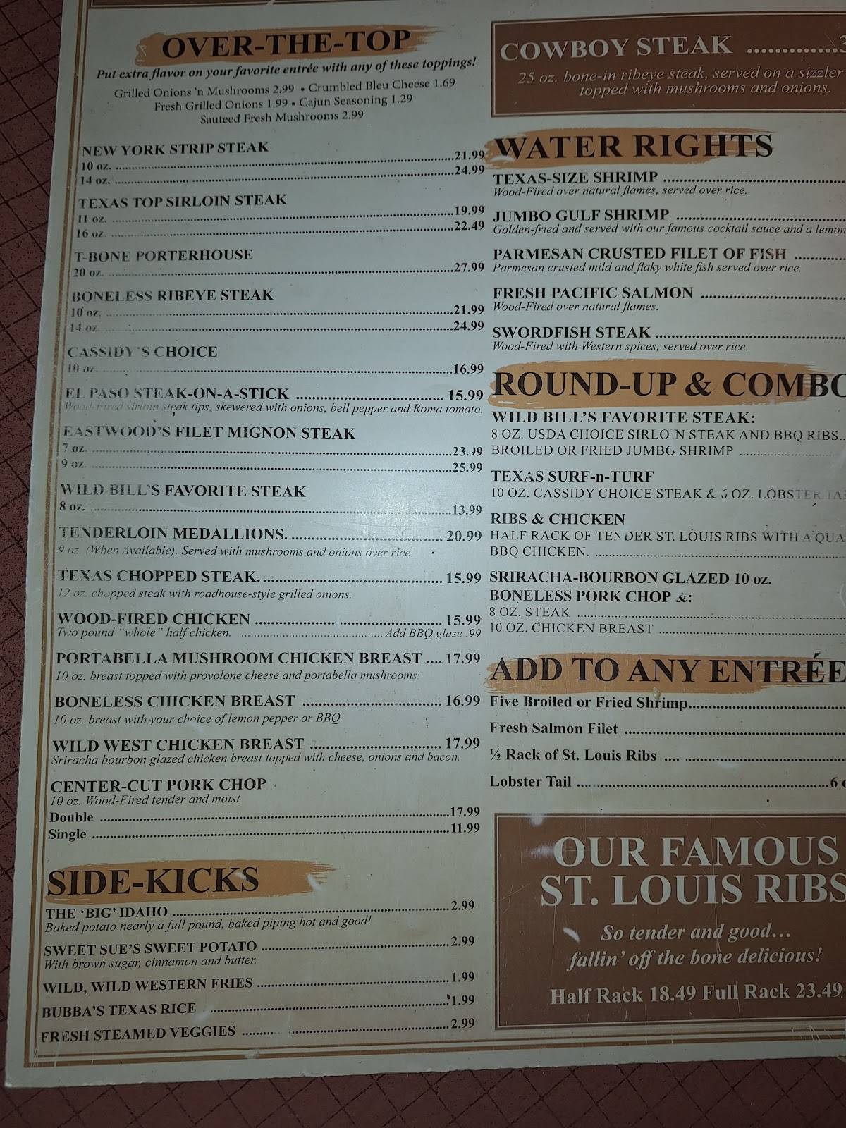 Menu at Brown Derby Road House steakhouse, Ontario