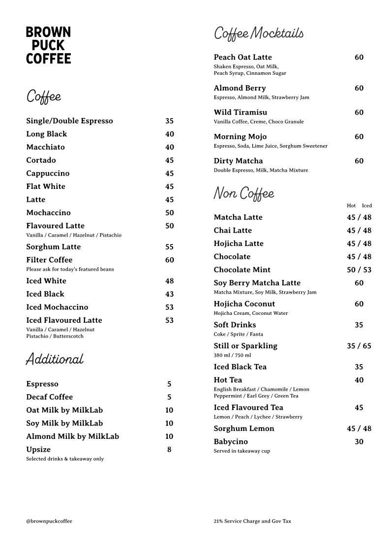Menu at Brown Puck Coffee - Pondok Indah Mall 3 cafe, South Jakarta