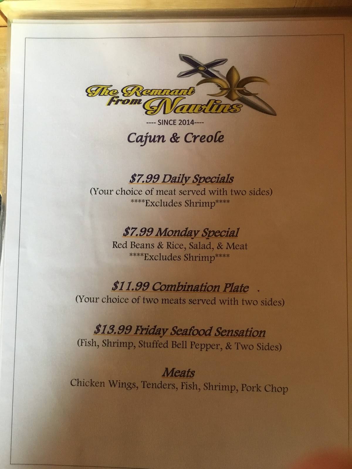 Menu at The Remnant Of Nawlins restaurant, Bryan