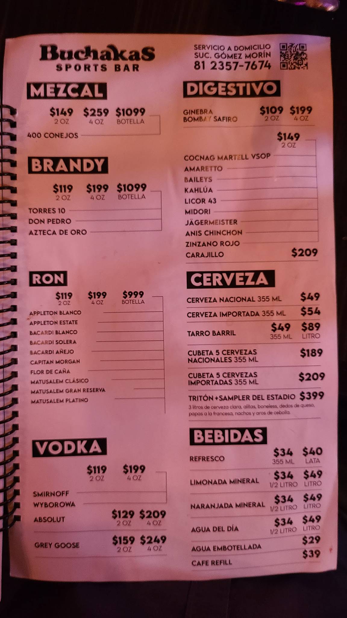 Carta de Buchakas Sports Bar Gomez Morin, San Pedro Garza García, Av ...
