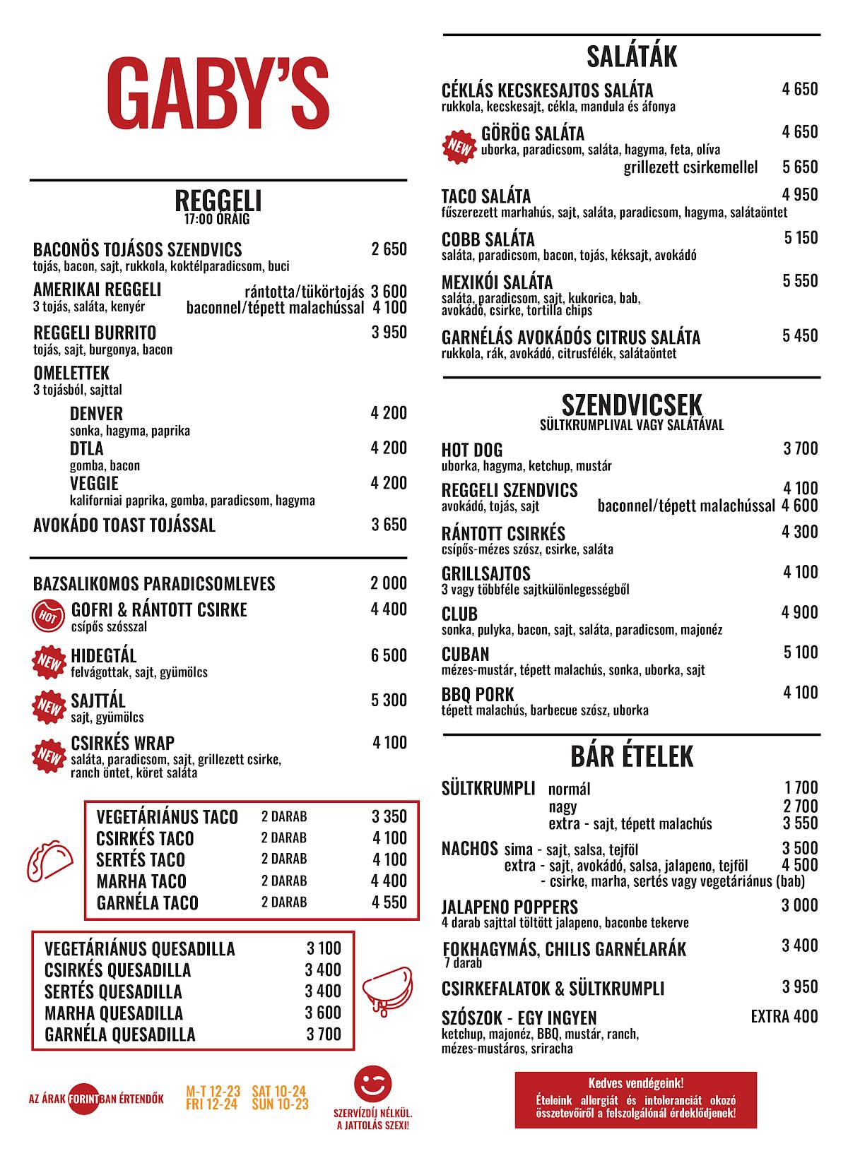 Menu at Gaby’s restaurant, Budapest