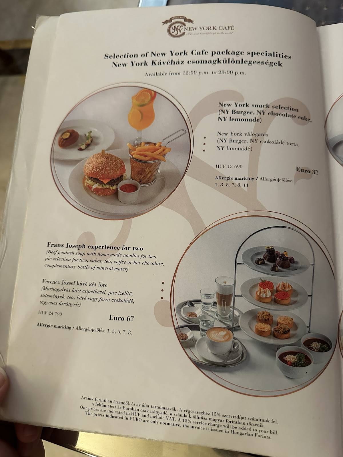 Menu at New York Café cafe, Budapest, Erzsébet krt. 9-11