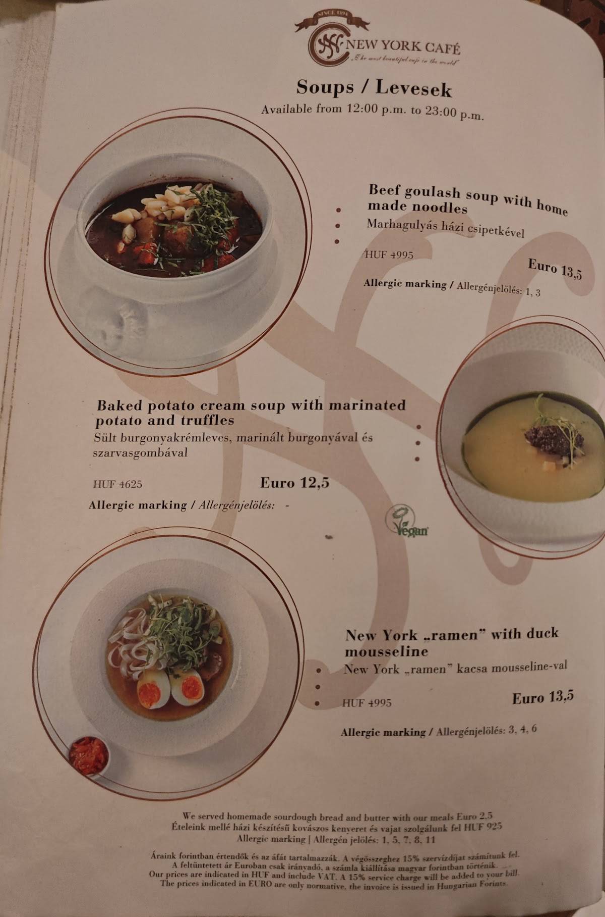 Menu at New York Café cafe, Budapest, Erzsébet krt. 9-11
