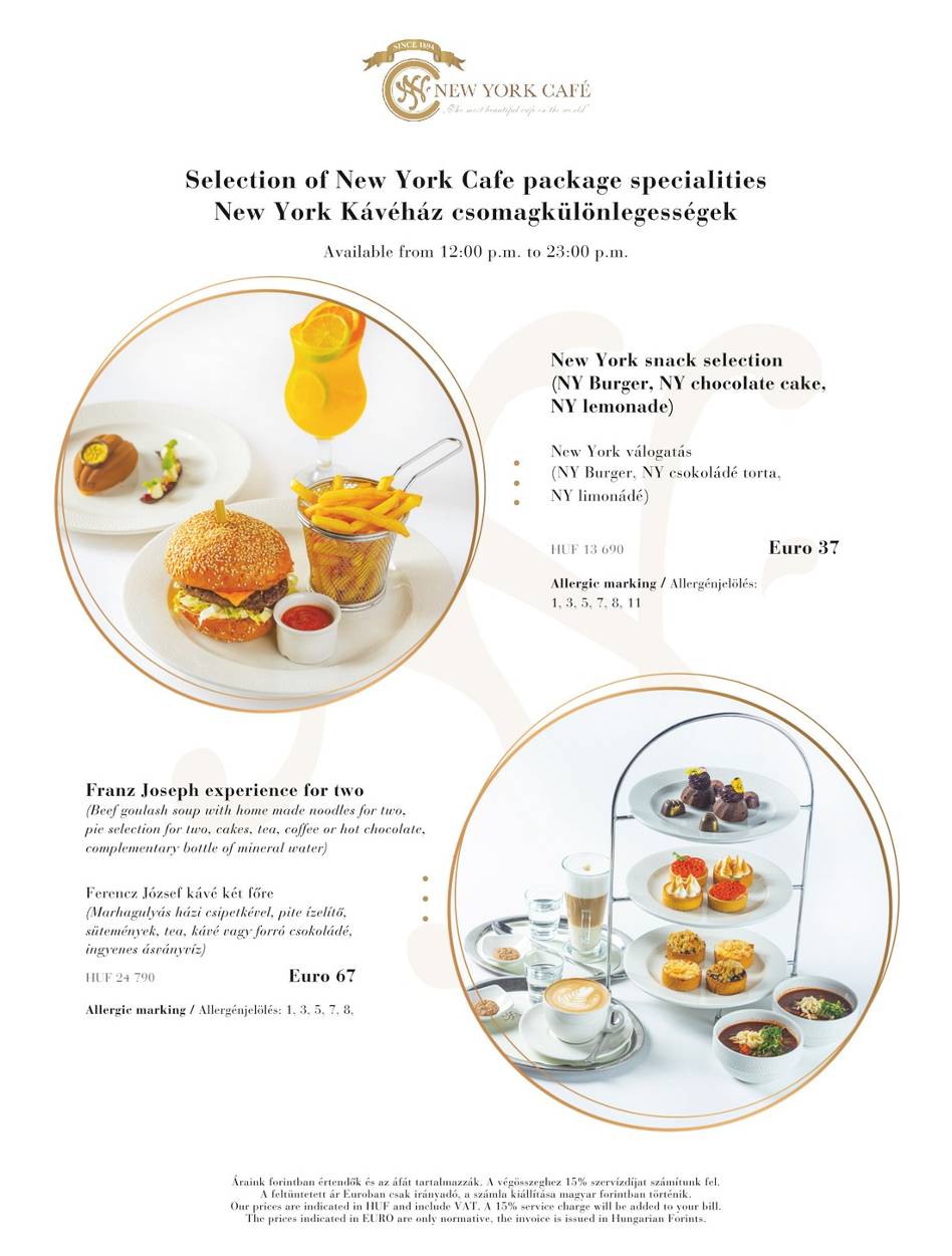 Menu at New York Café cafe, Budapest, Erzsébet krt. 9-11