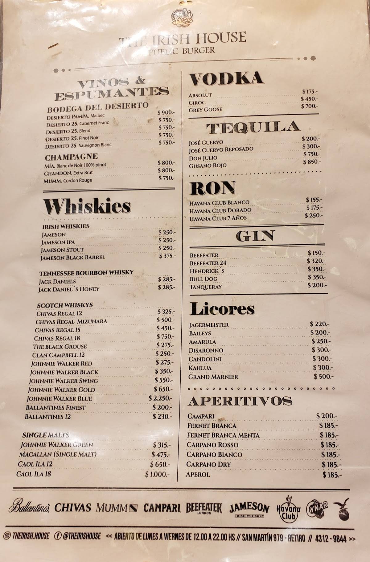 Menu at The Irish House pub & bar, Buenos Aires, San Martín 979