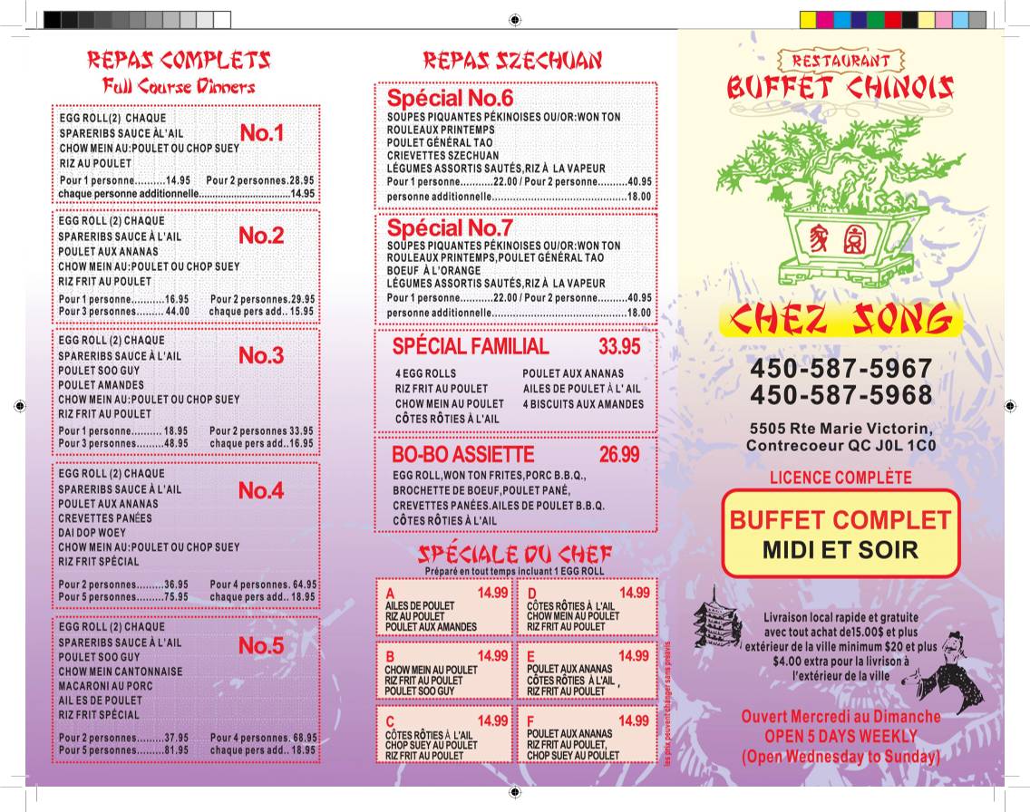 Menu au Buffet chinois Chez Song restaurant, Contrecoeur
