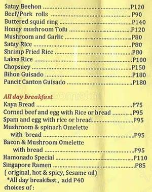 Menu at Bugis Singapore Street Food restaurant, Manila