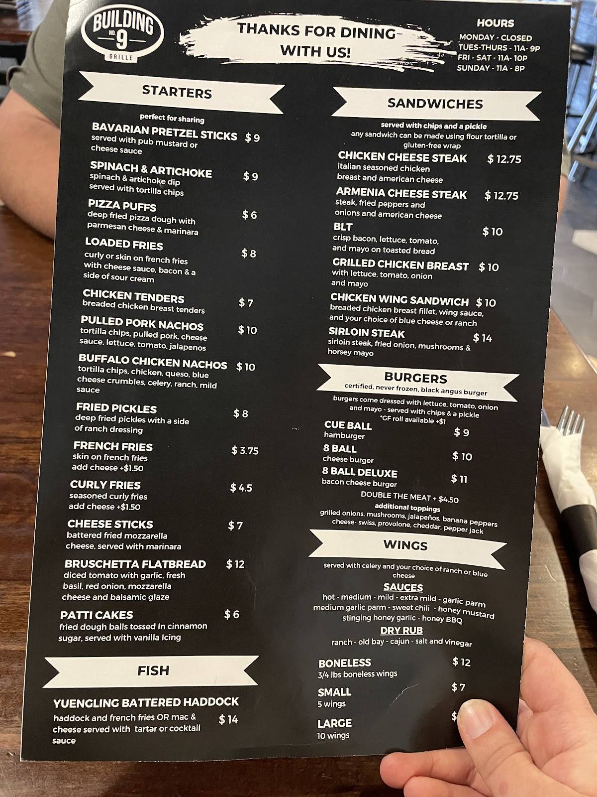 Menu at Building No 9 Grille pub & bar, Troy