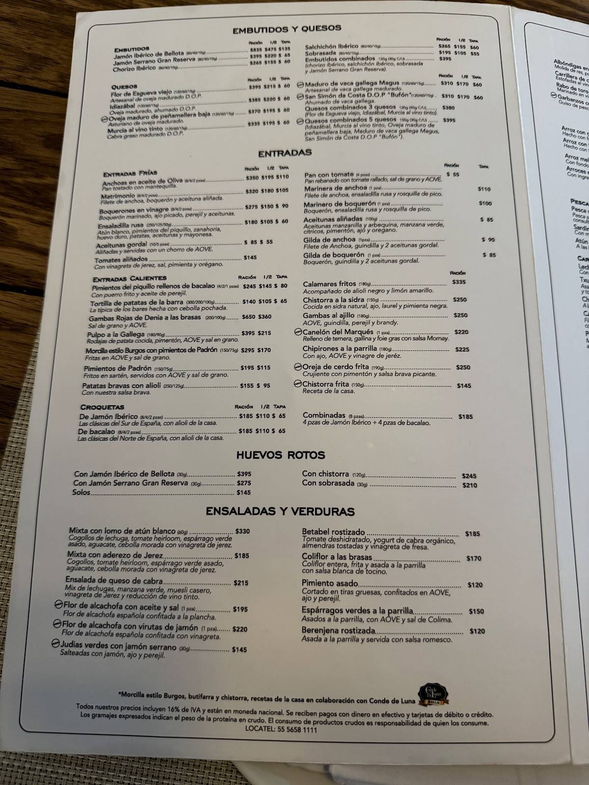 Menu at Bulla Polanco restaurant, Mexico City