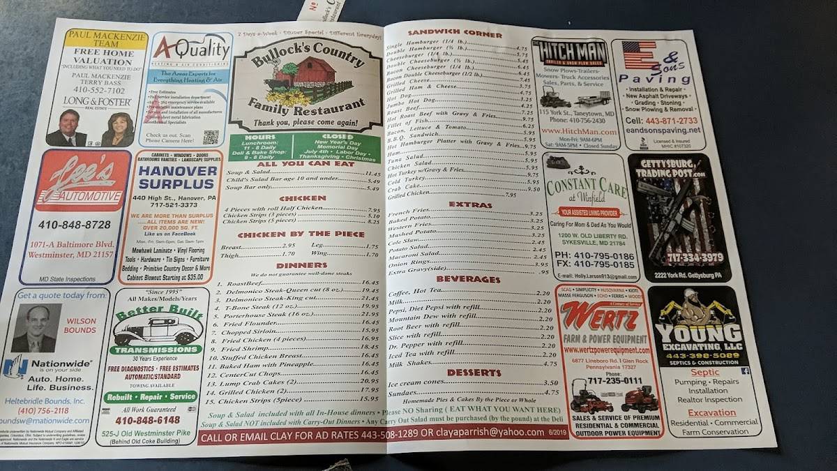 Menu at Bullock's Restaurant, Westminster