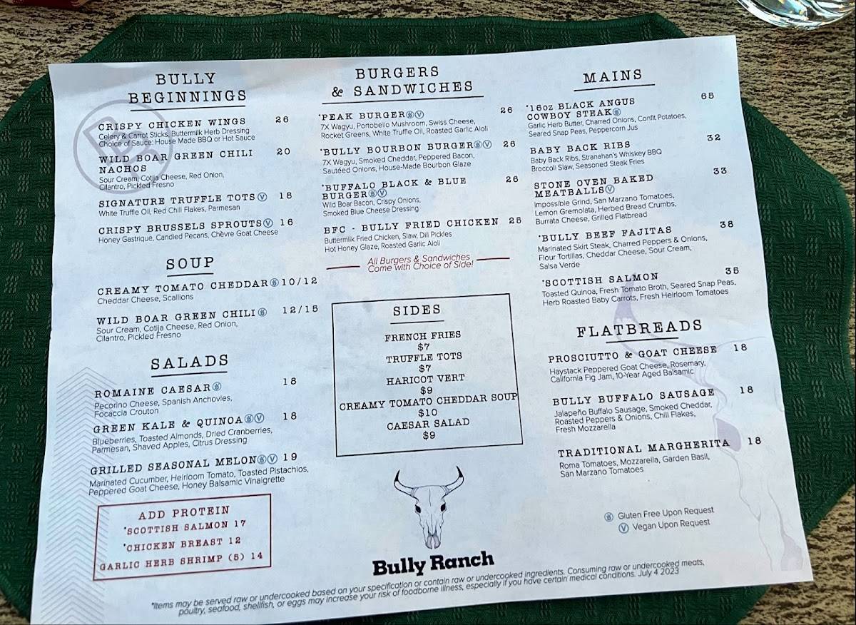 Menu at Bully Ranch Restaurant, Vail