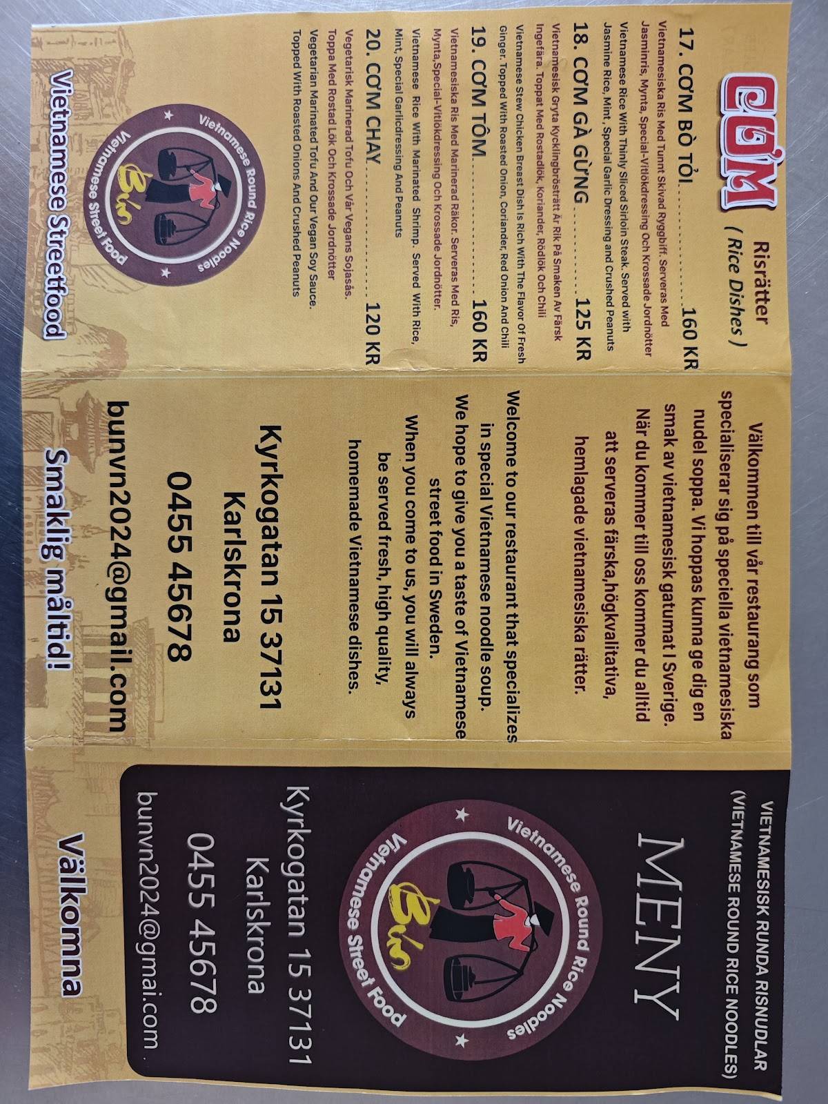 Menu at Bun Vietnamese Street food restaurant, Karlskrona