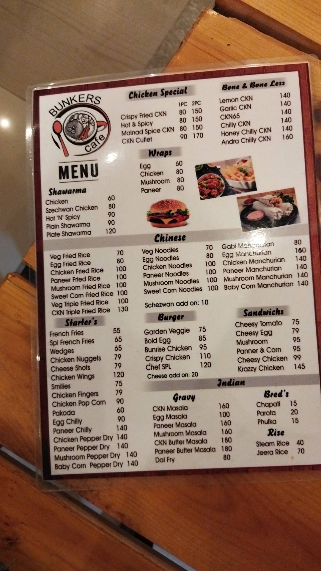 Menu at Bunker's Cafe, India