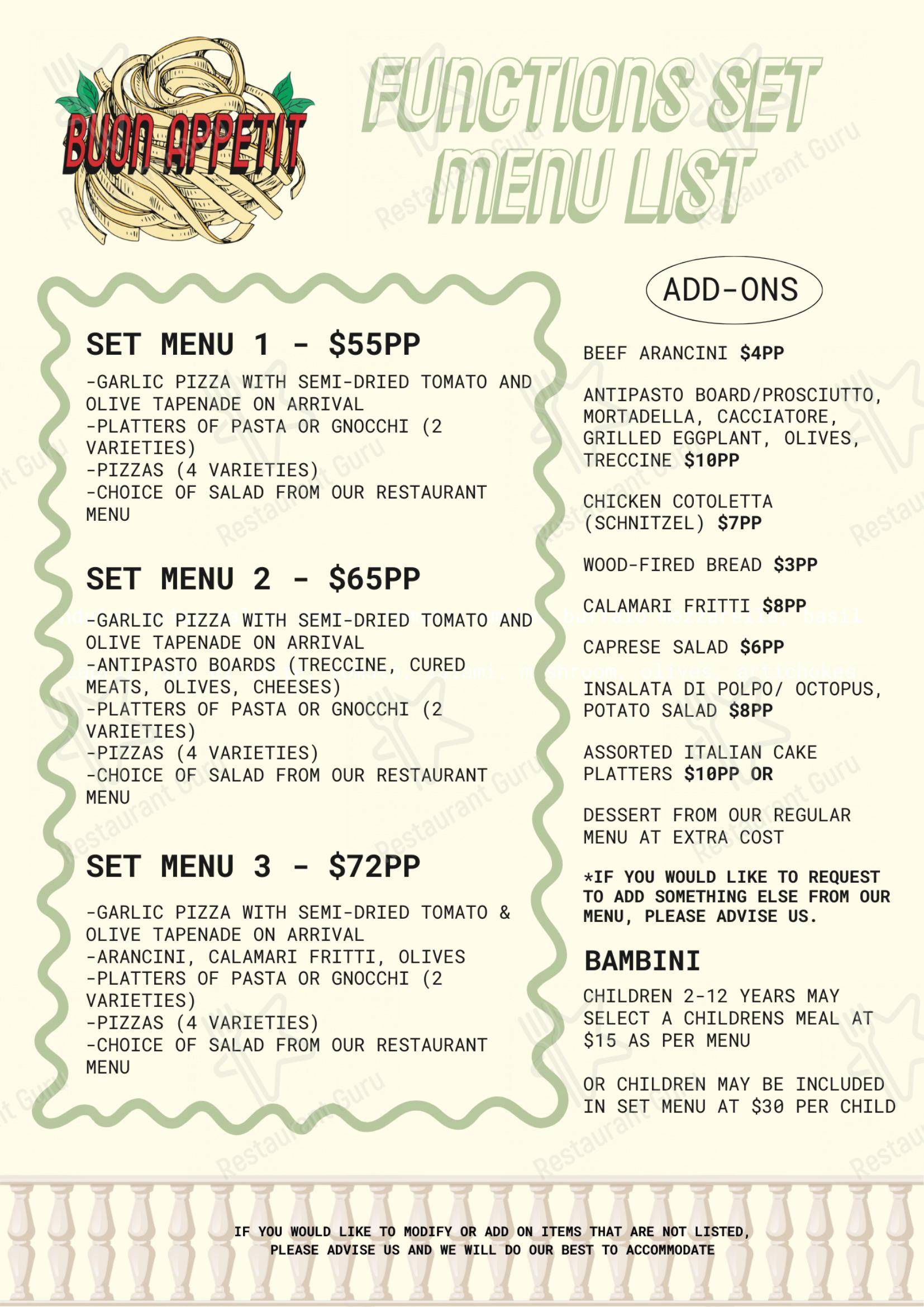 Menu at Buon Appetit restaurant, Camden
