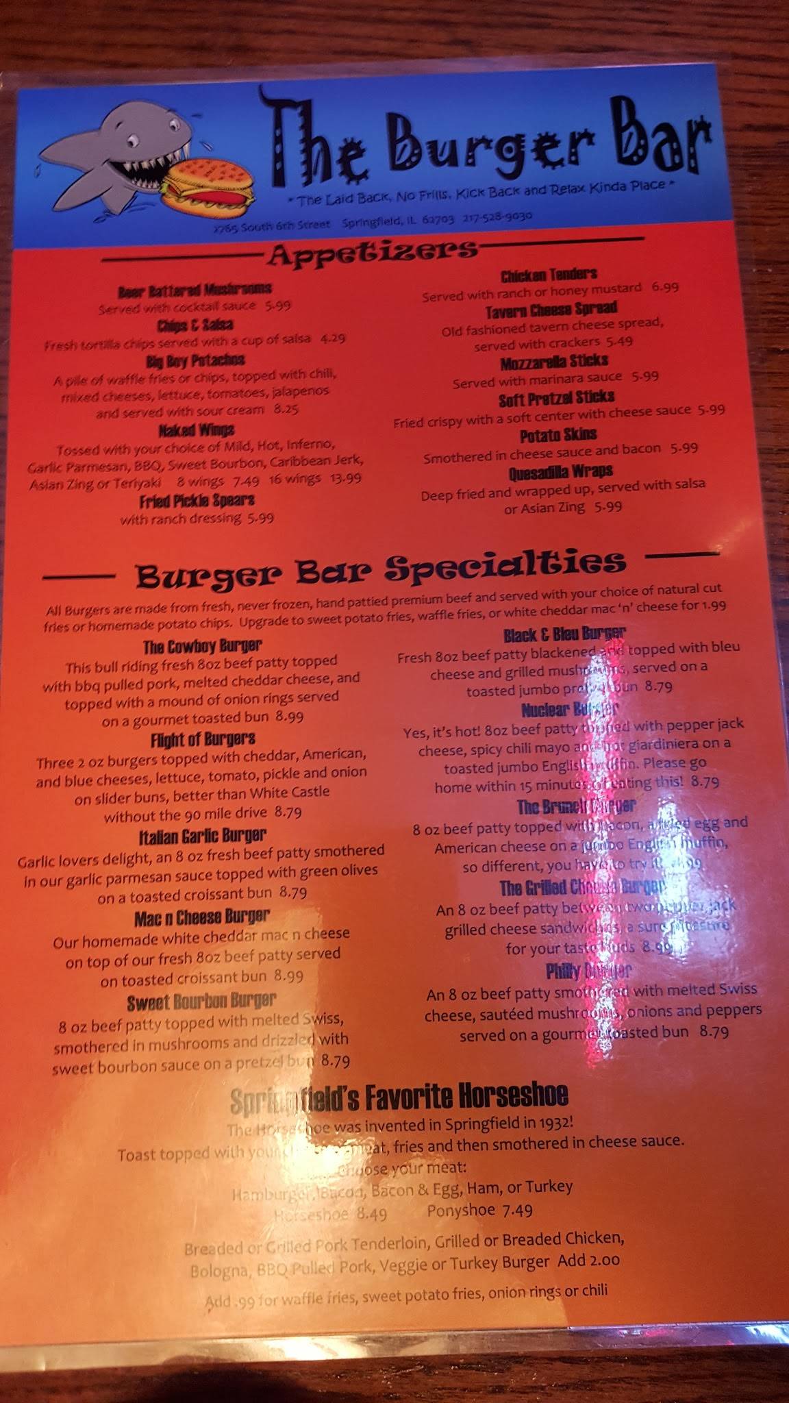 Menu at Burger Bar, Springfield