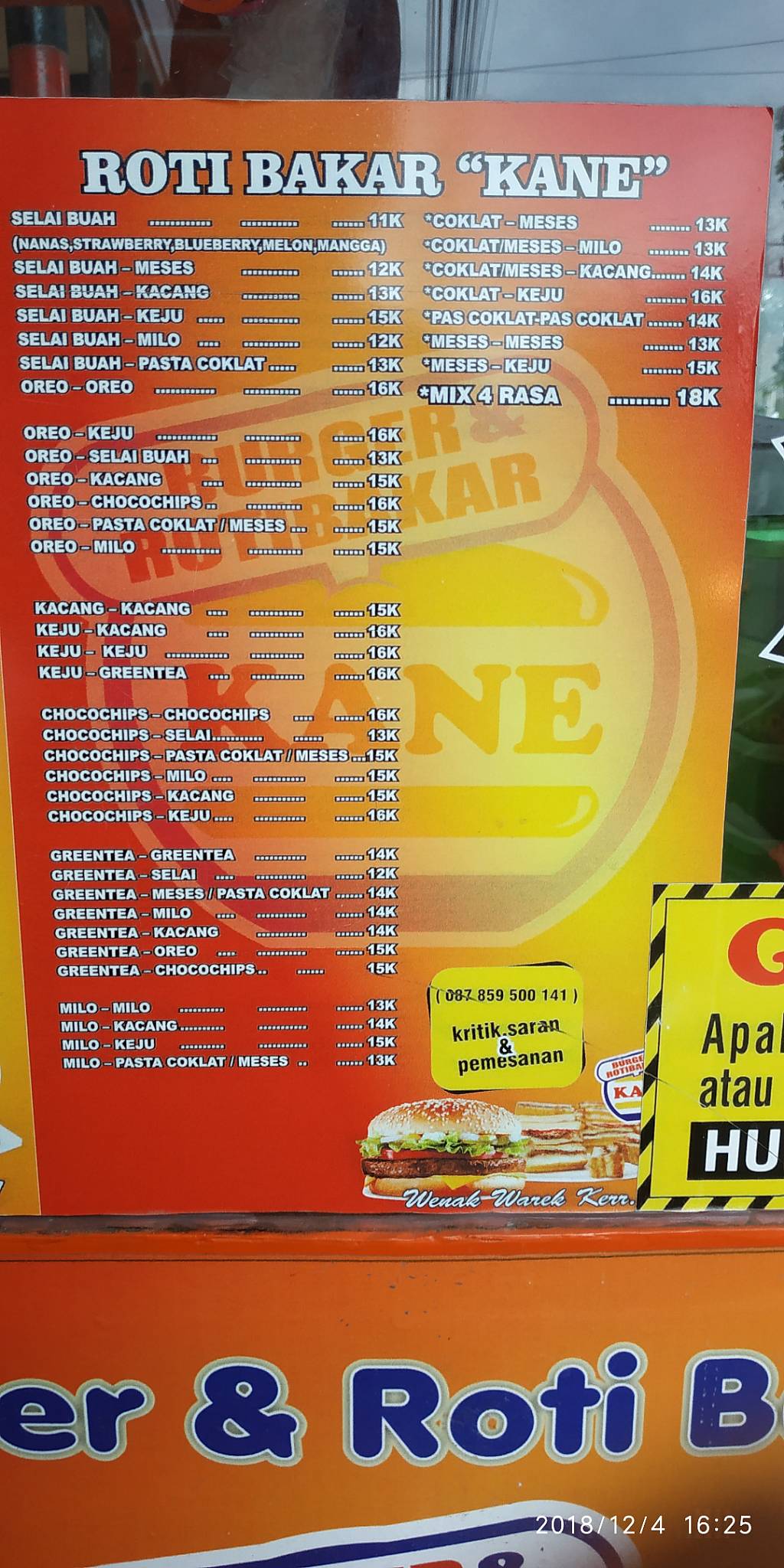 Carta del restaurante Burger & Roti Bakar KANE dinoyo, Malang