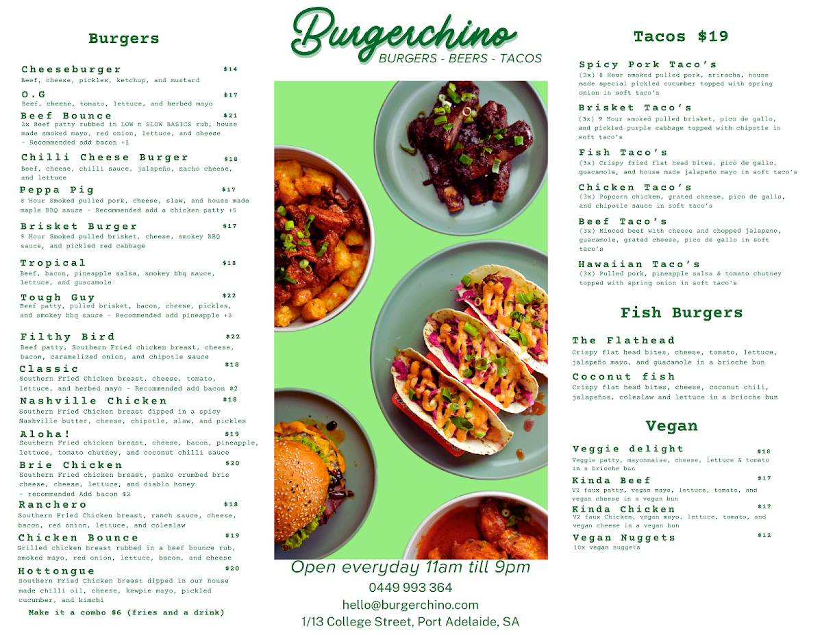 Menu at Burgerchino restaurant, Port Adelaide
