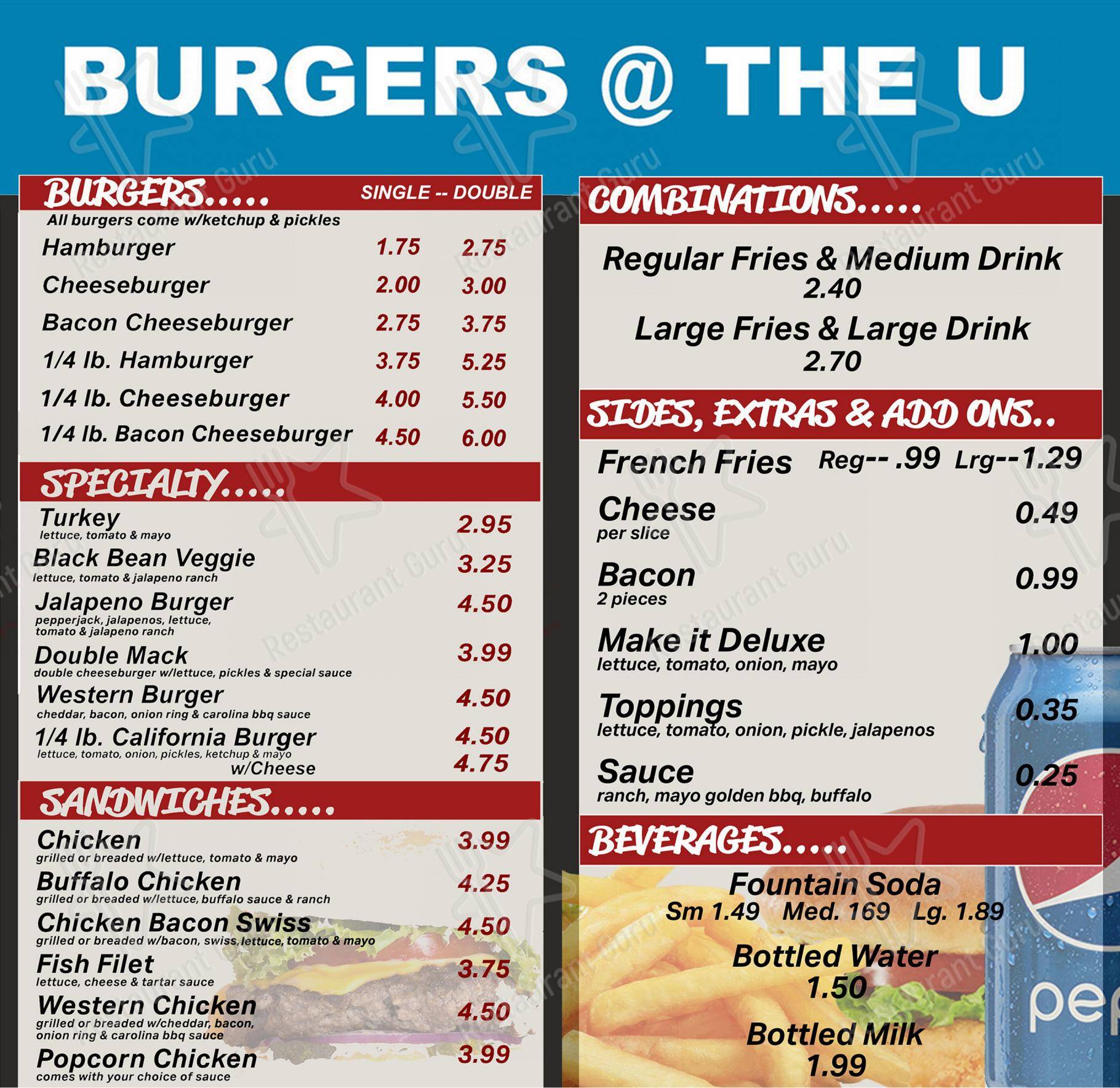 Menu at Burgers @ The U restaurant, Fargo, Administration Ave