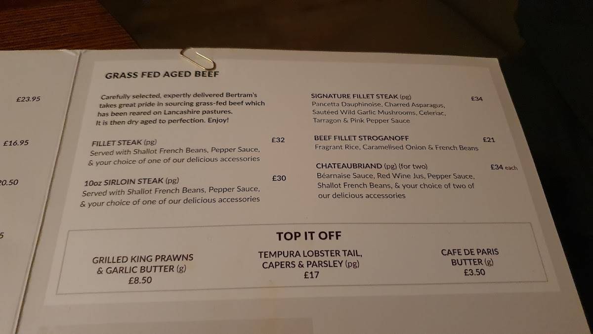 Menu at Bertram's Restaurant, Burnley, Crow Wood