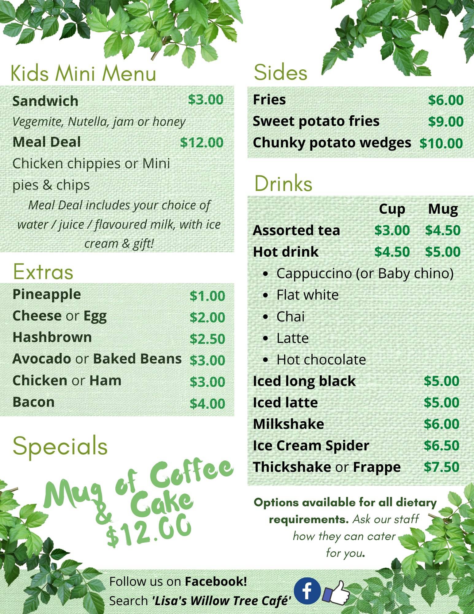 Menu at Lisa's Willow Tree Cafe, Caboolture South