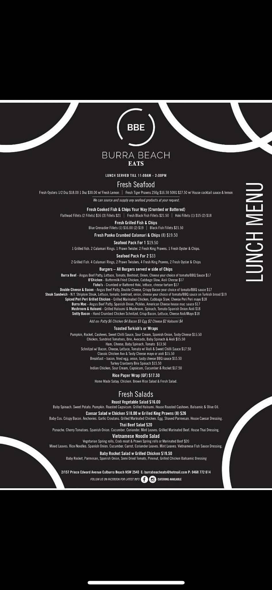 Menu at Burra Beach Eats cafe, Culburra Beach