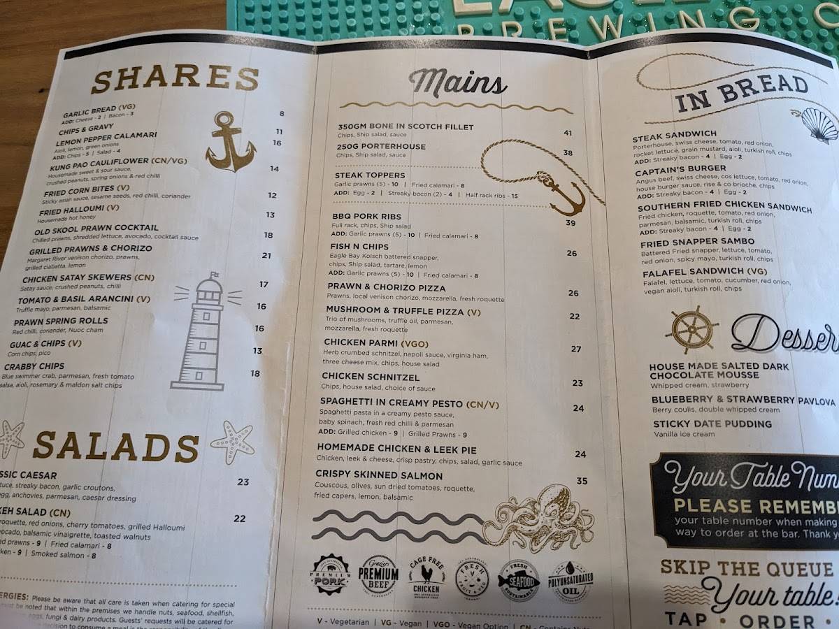 Menu at The Ship Inn pub & bar, Busselton