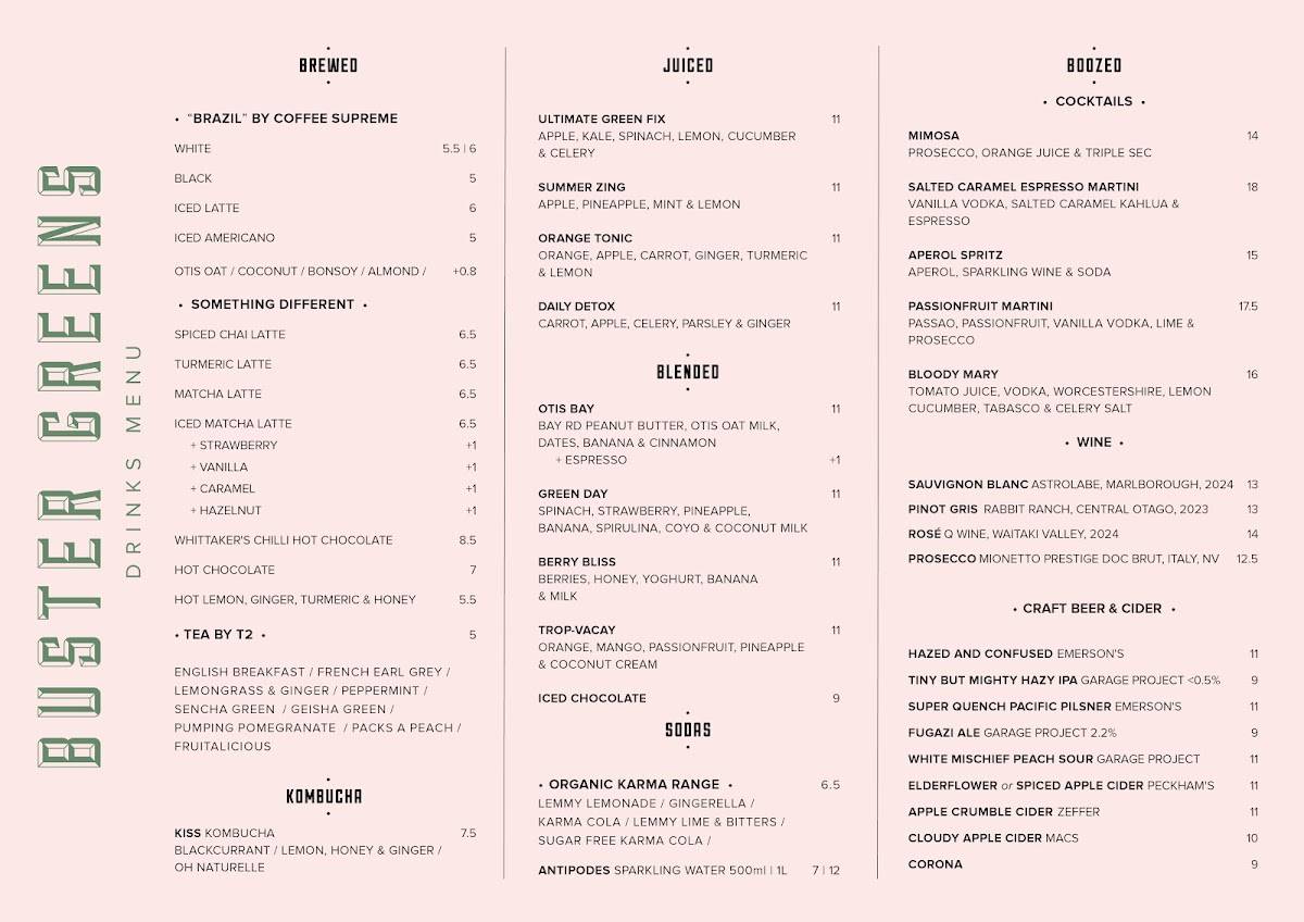 Menu at Buster Greens restaurant, Dunedin