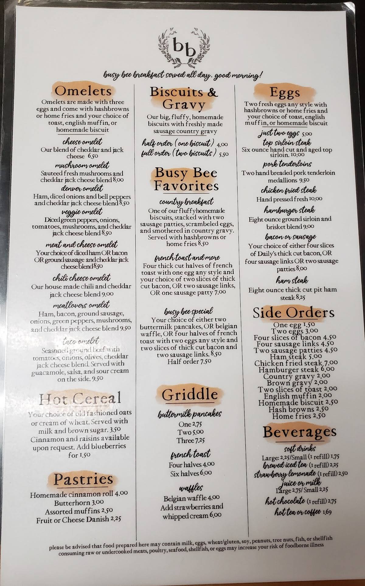 Menu at Busy Bee Café restaurant, Springfield
