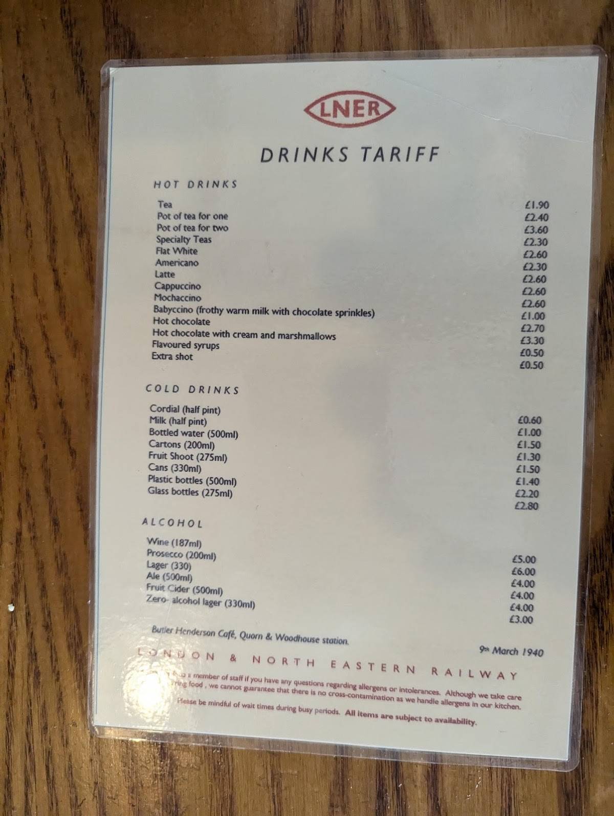 Menu at Butler Henderson Cafe, Loughborough